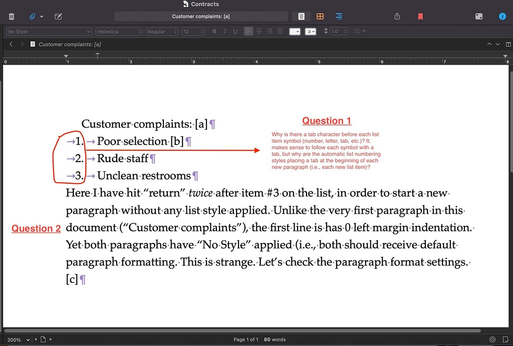 List styles paragraph formatting (default) weird tab insertions - Scrivener for macOS ...