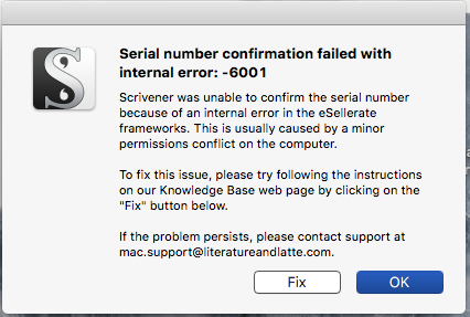 "Serial number confirmation failed" in Scrivener 2.8 fixed by upgrade ...