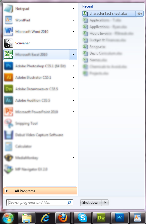 Windows Start Menu Recent Scrivenings Wish List Literature