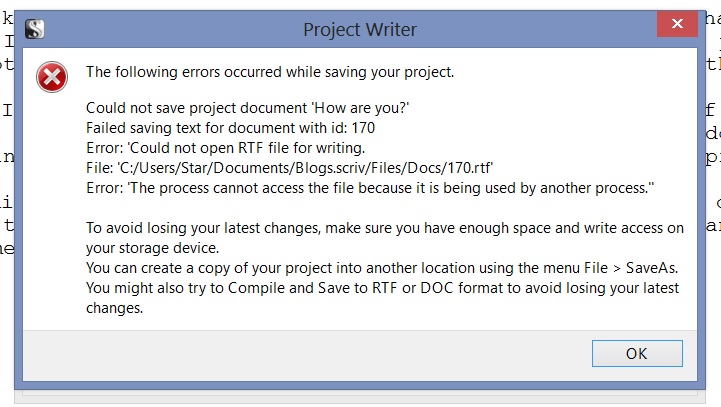 Can't save error message - Scrivener for Windows - Literature & Latte Forums