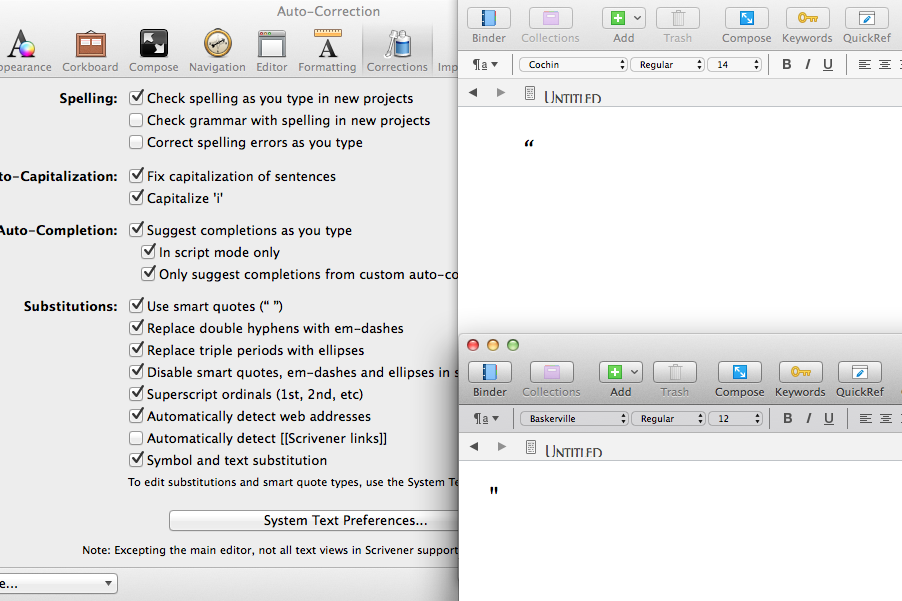 Spellcheck, smart quotes, & em-dash autocorrections won't work ...